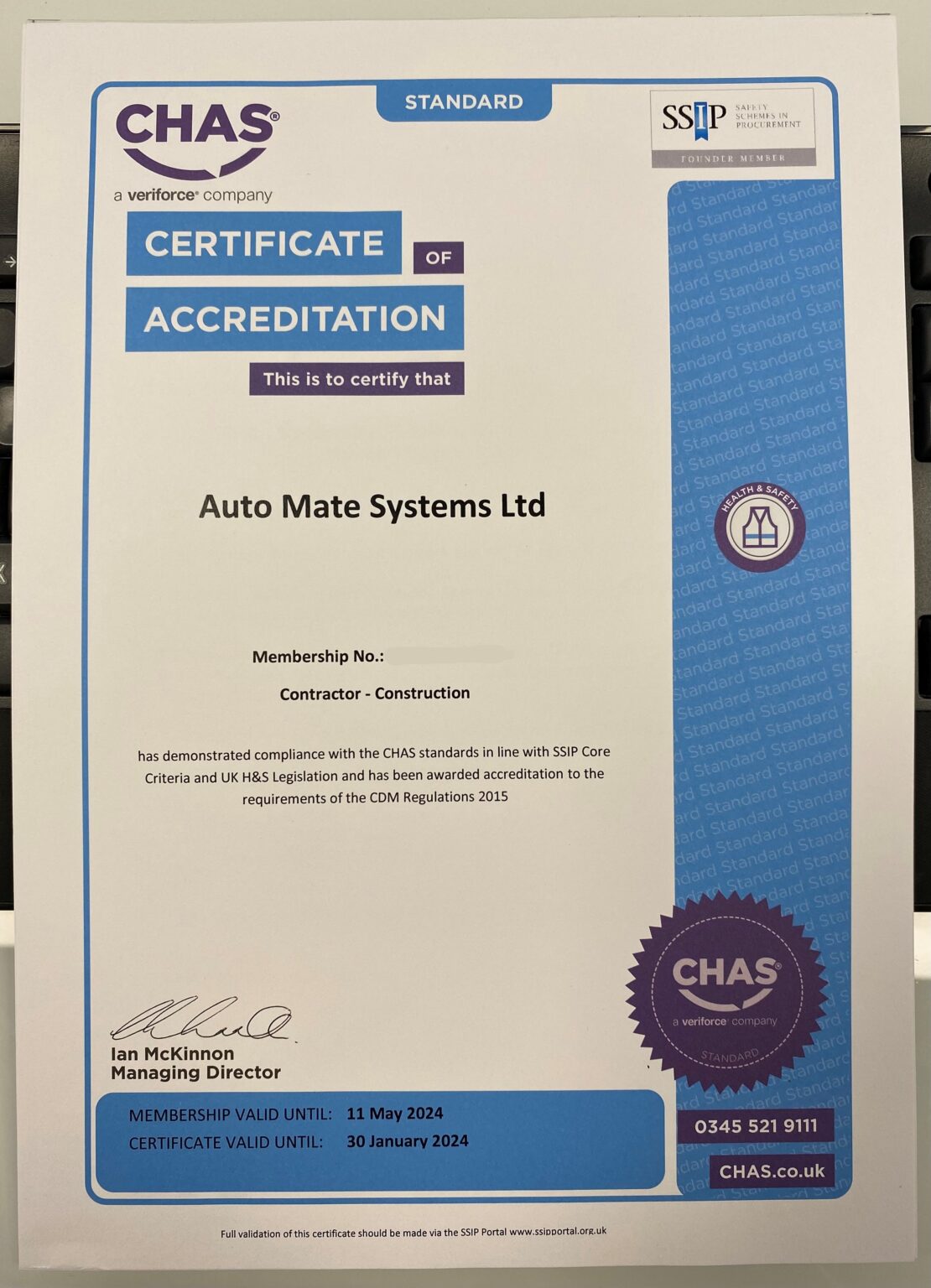 CHAS Elite Accreditation 2023/2024 - Auto Mate Systems Ltd.